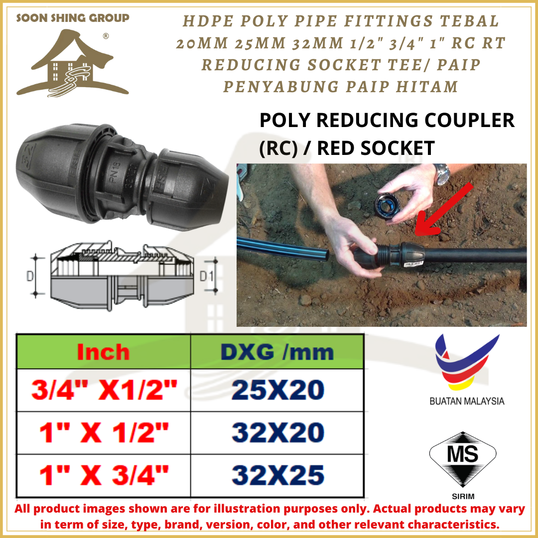 HDPE Poly Pipe Fittings Tebal 20mm 25mm 32mm 1/2" 3/4" 1" RC RT ...