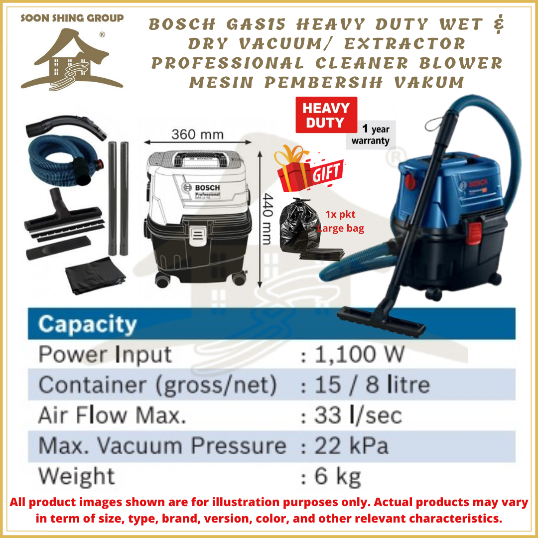 Bosch GAS15 Heavy Duty Wet & Dry Vacuum/ Extractor Professional Cleaner Blower Mesin Pembersih ...