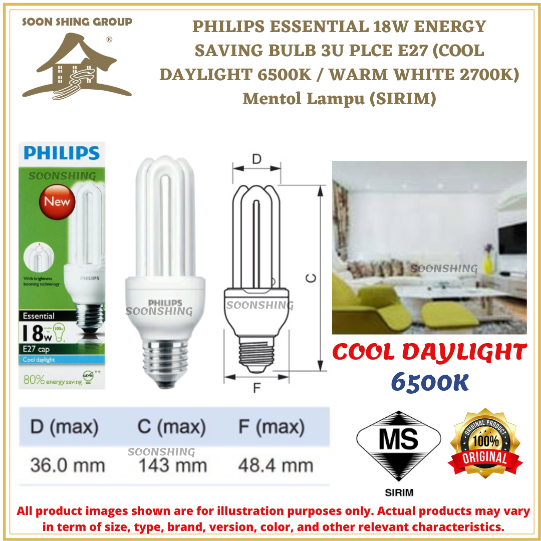 PHILIPS ESSENTIAL 18W ENERGY SAVING BULB 3U PLCE E27 Daylights Warm ...