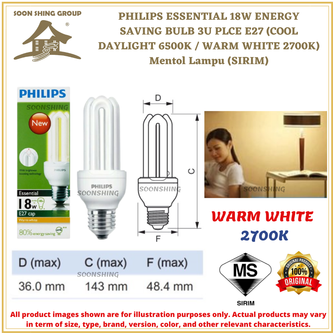 PHILIPS ESSENTIAL 18W ENERGY SAVING BULB 3U PLCE E27 Daylights Warm ...