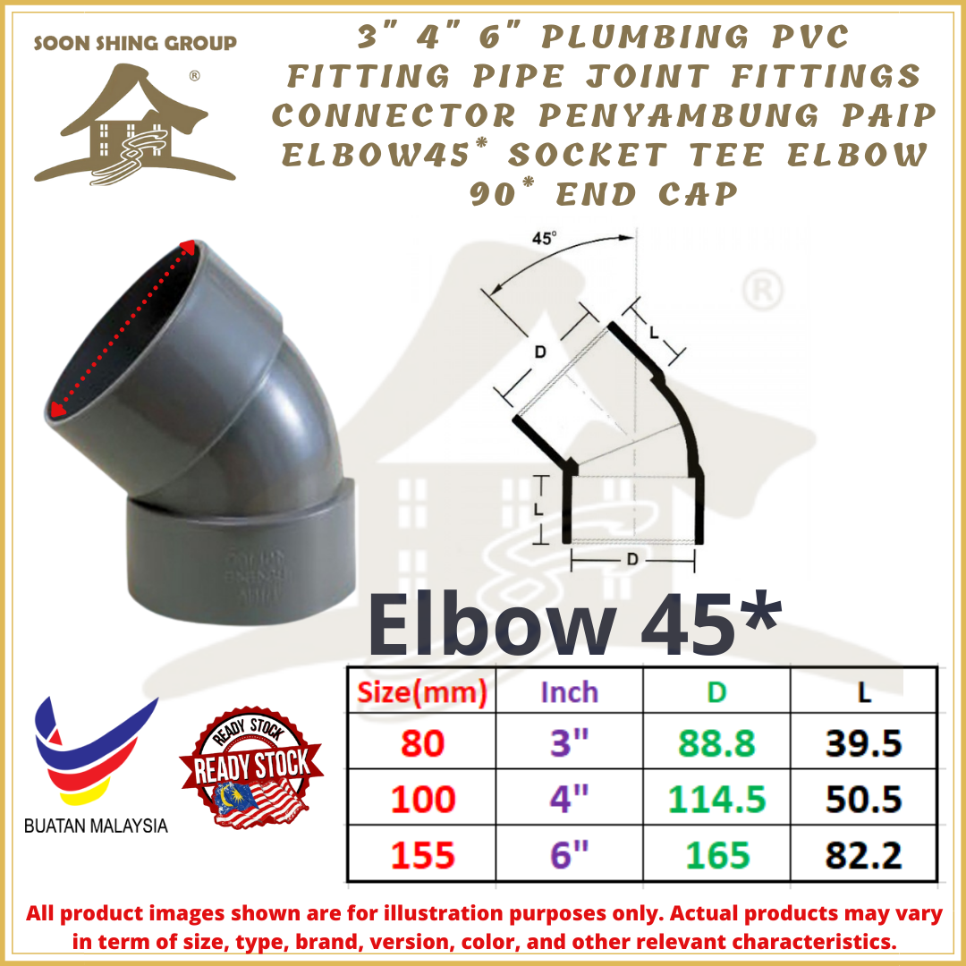 3" 4" 6" PLUMBING PVC FITTING Pipe Joint Fittings Connector Penyambung Paip ELBOW45* SOCKET TEE ...