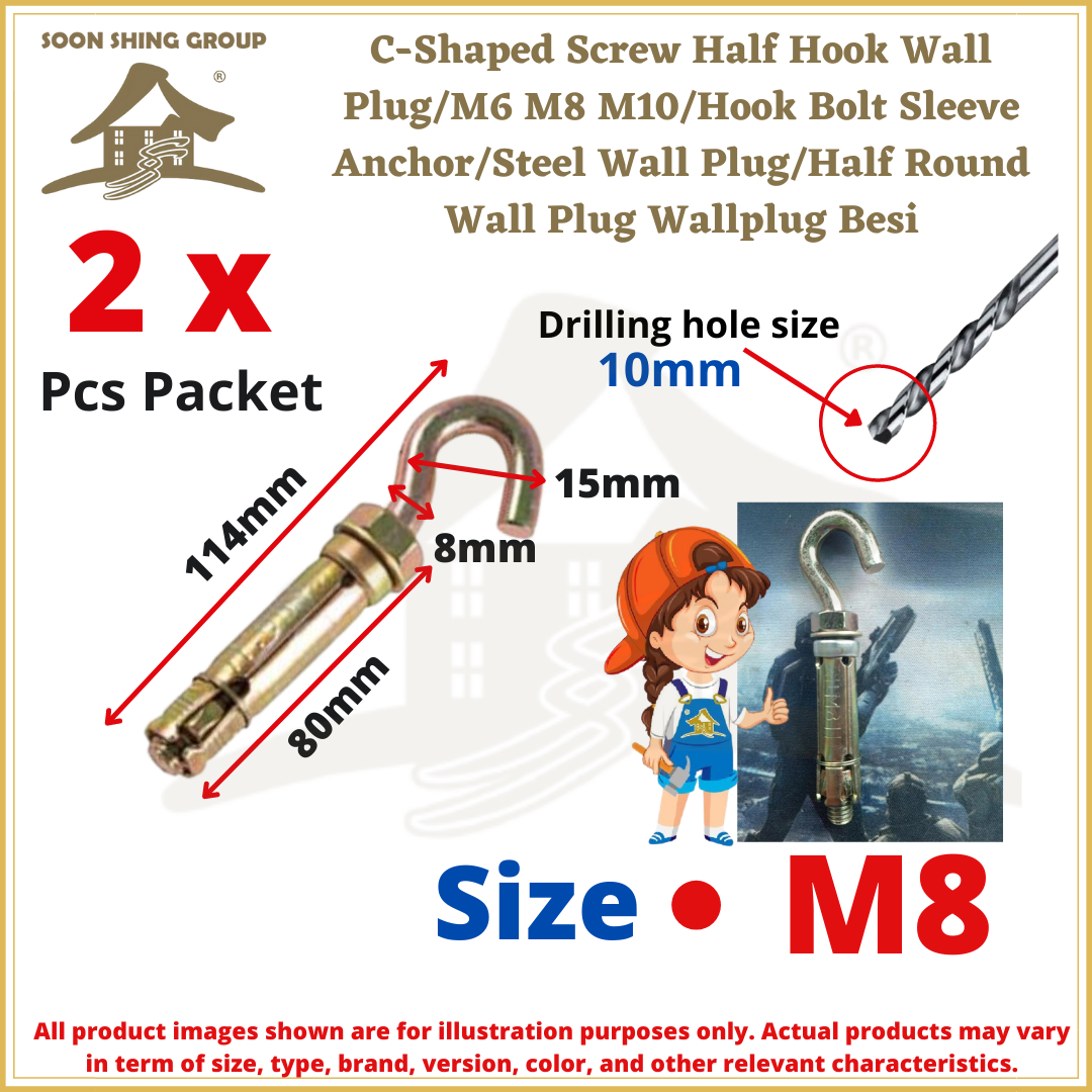 2pcs C-Shaped Screw Half Hook M6 M8 M10 Hook Bolt Sleeve Anchor/ Steel ...