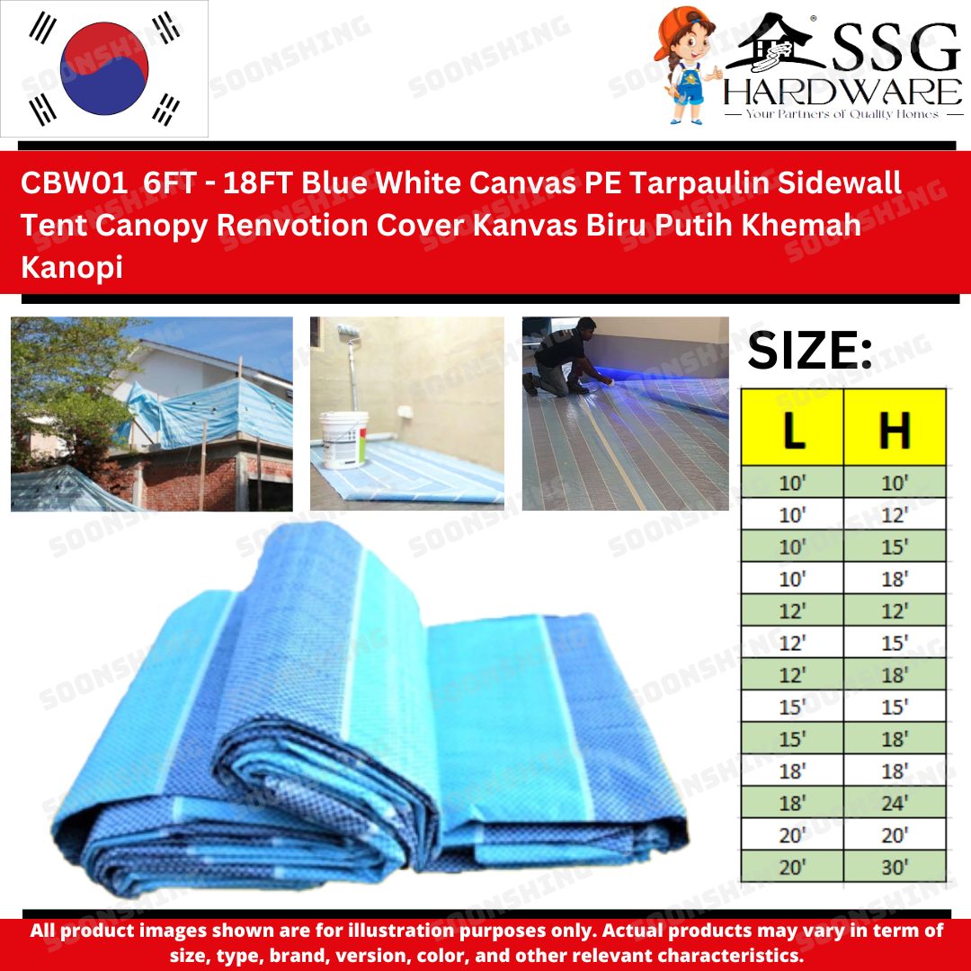 SBW02 10FT-30FT Blue White Canvas PE Tarpaulin Sidewall Tent Canopy ...