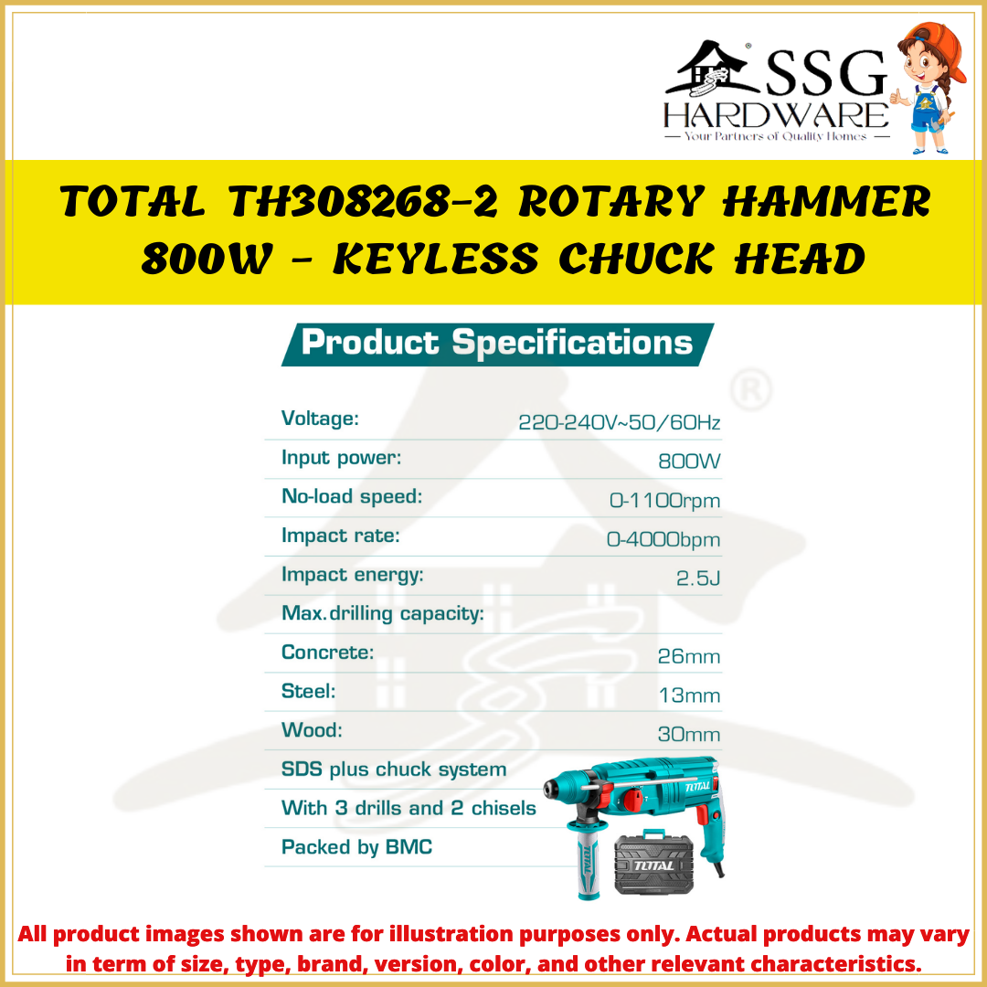 TOTAL TH308268-2 ROTARY HAMMER 800W - KEYLESS CHUCK HEAD/ CORDLESS ...