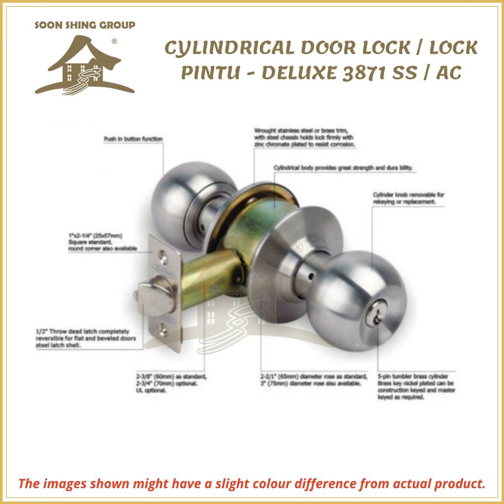 CYLINDRICAL DOOR LOCK / LOCK PINTU - 3871 SS / AC