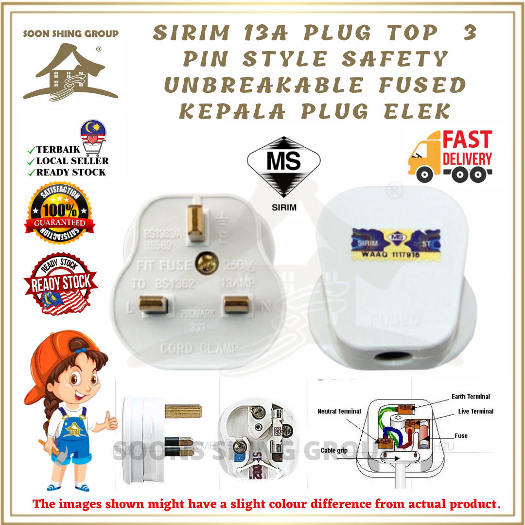 SIRIM 13A Plug Top 3 Pin Style Safety Unbreakable Fused Kepala Plug Elek