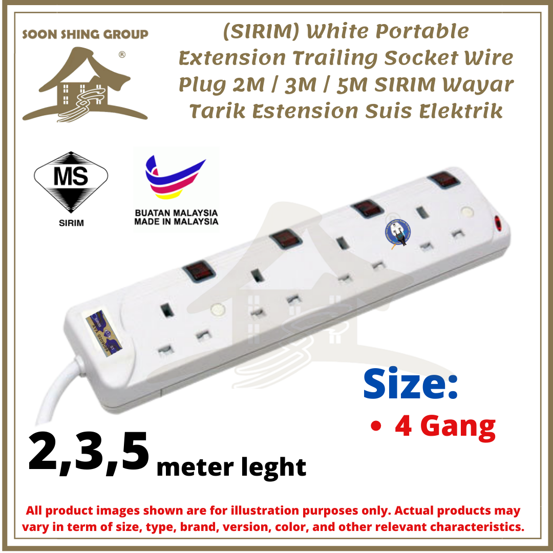 Sirim White Portable Extension Trailing Socket Wire Plug 2m 3m 5m Sirim Wayar Tarik