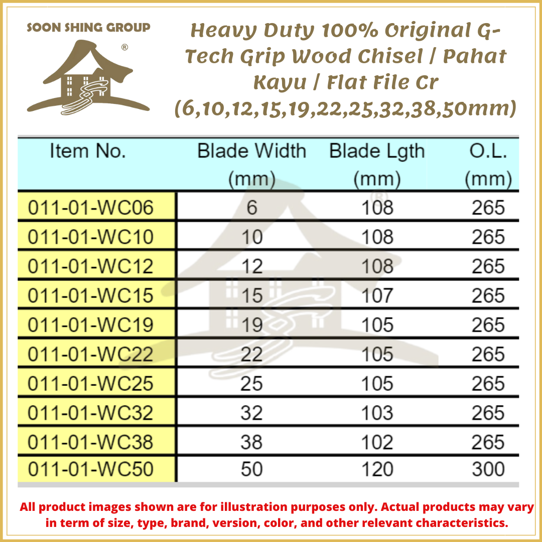 Heavy Duty 100% Original G-Tech Grip Bevel Edge Wood Chisel CR-V Steel Blade/ Pahat Kayu/ Flat ...
