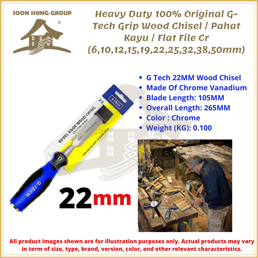 Heavy Duty 100% Original G-Tech Grip Bevel Edge Wood Chisel CR-V Steel Blade/ Pahat Kayu/ Flat ...