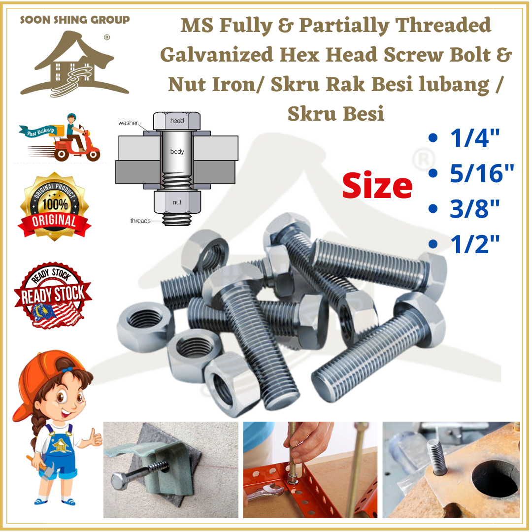 1/4" 5/16" 3/8" 1/2" MS Partially Threaded Galvanized Hex Head Screw ...