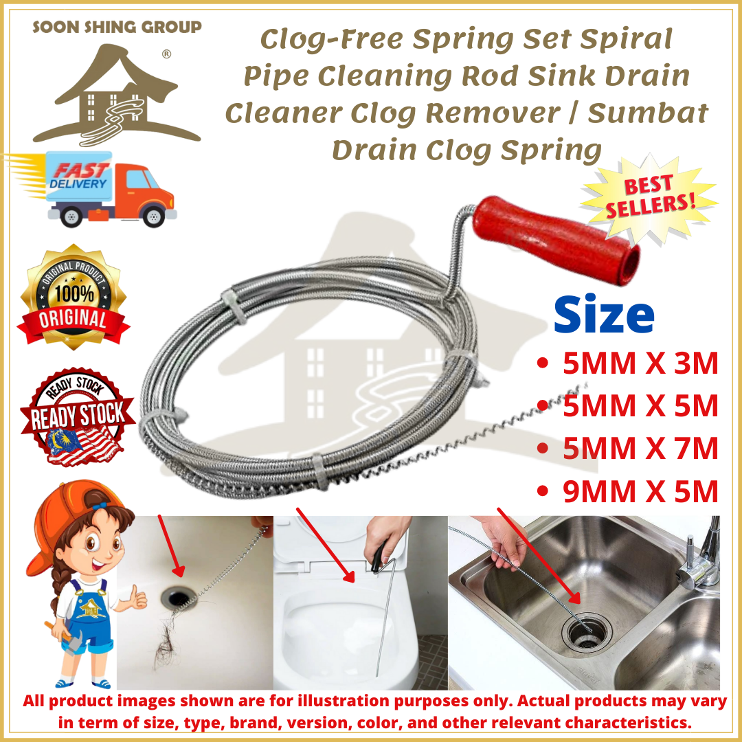 Clog-Free Spring Set Spiral Pipe Cleaning Rod Sink Drain Cleaner Clog ...